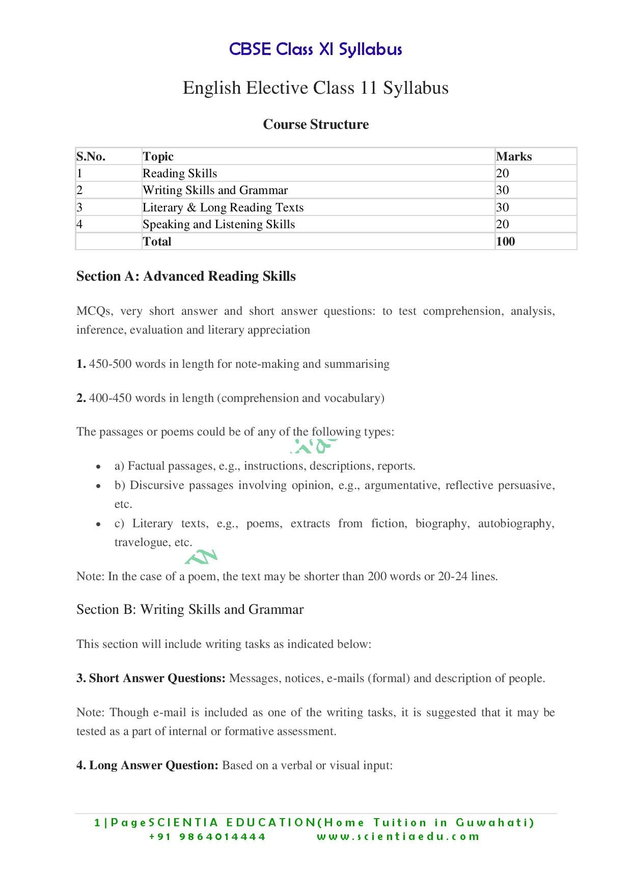 Class 11 English Elective Syllabus CBSE Educational Portal India Class 11 English Elective Syllabus CBSE Educational Portal India