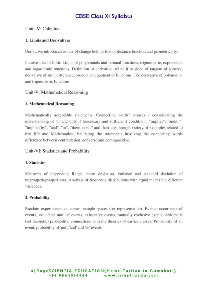 Class 11 Mathematics Syllabus CBSE - Knowledge and Educational Portal